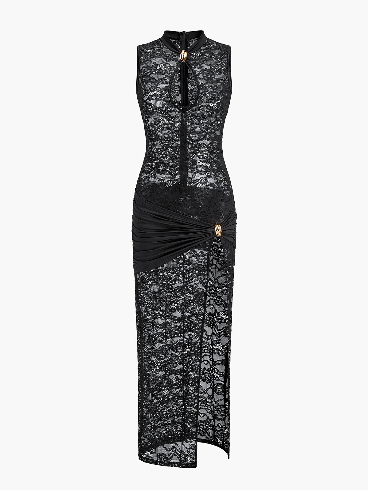 Sheer Lace Keyhole Cut-Out Dress With Ruched Design – Oozig